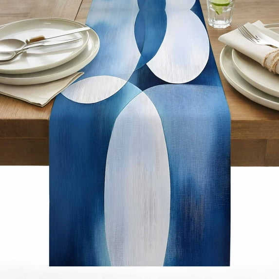 Abstract Stitching Table Runner 13x48 inch White Blue Geometric ...