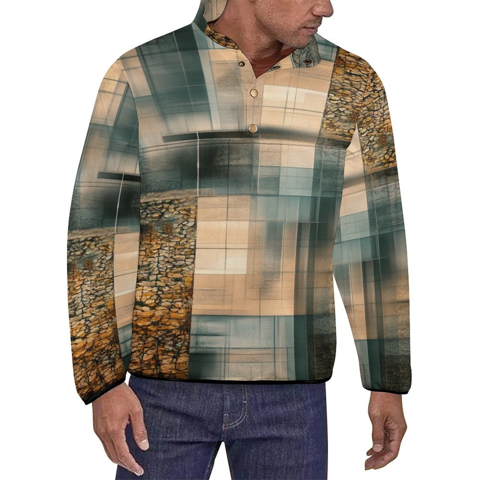 Abstract Stone Geometric Design Men's Stand Collar Sweater Long Sleeve ...