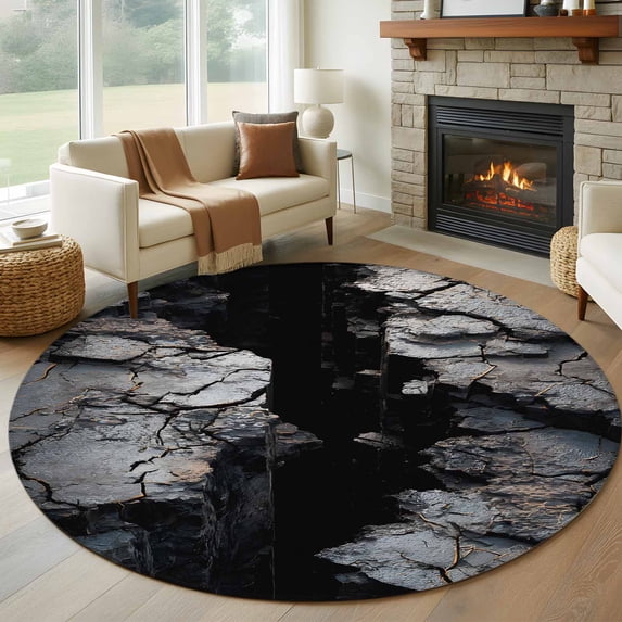 Abstract Stone Large Round Rug 8Ft Modern Artistic Realistic Black Grey ...
