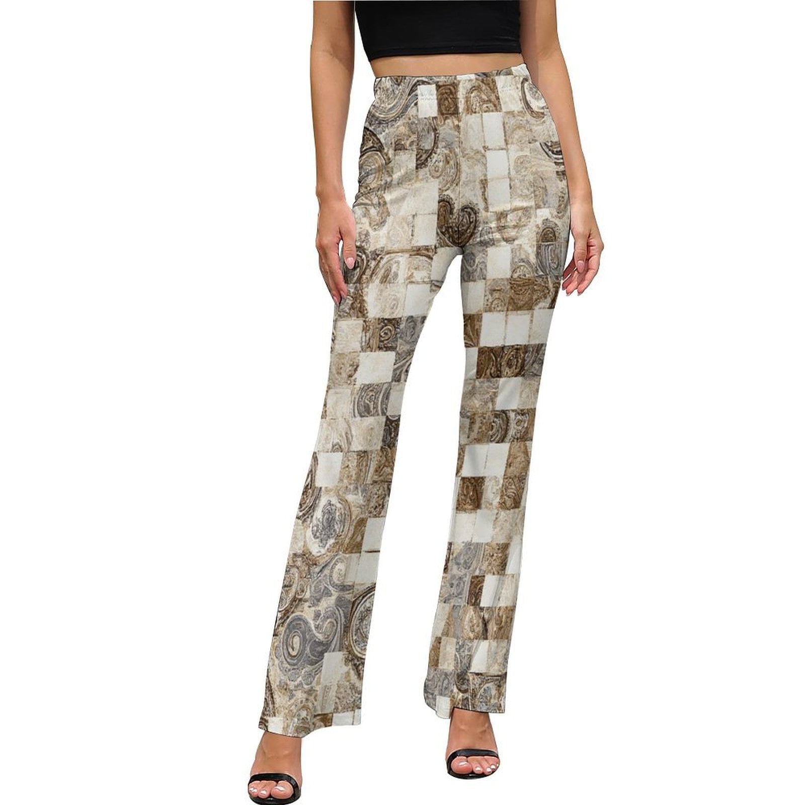 Abstract Stone Mosaic Pattern High Waisted Casual Flared Trousers ...