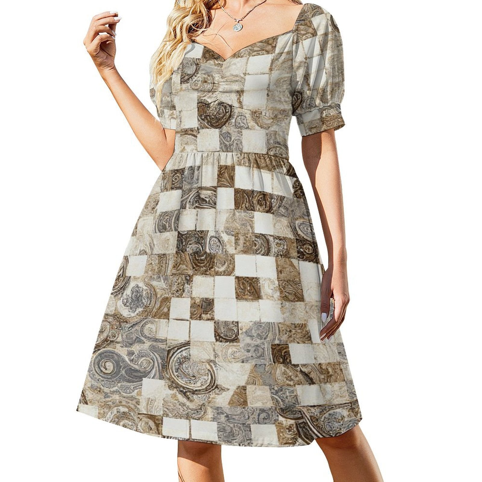 Abstract Stone Mosaic Pattern Short Sleeve Dress Clothes Women's Summer ...