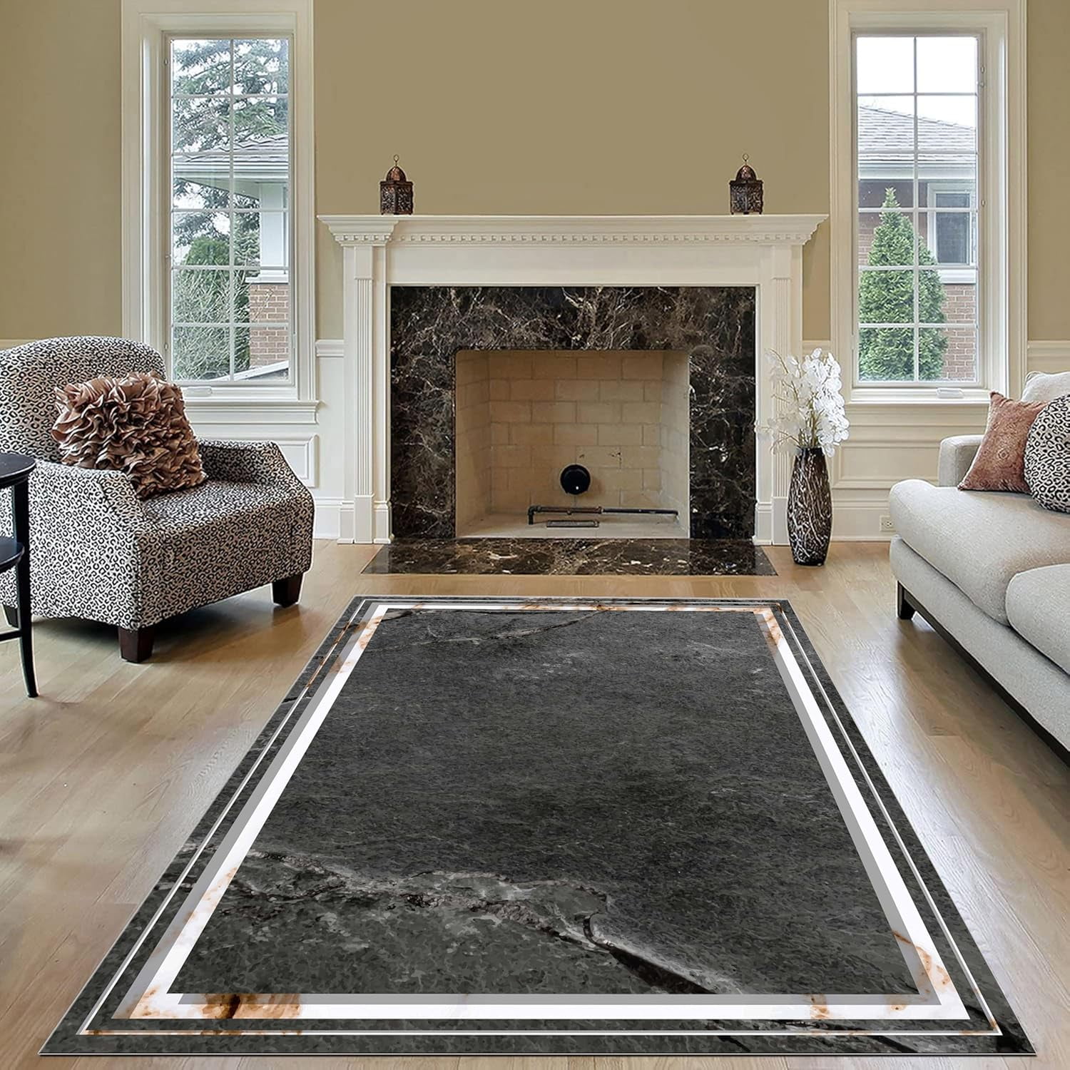 Abstract Stone Texture Area Rugs, 5x8 Minimalist Black Marble Entryway ...