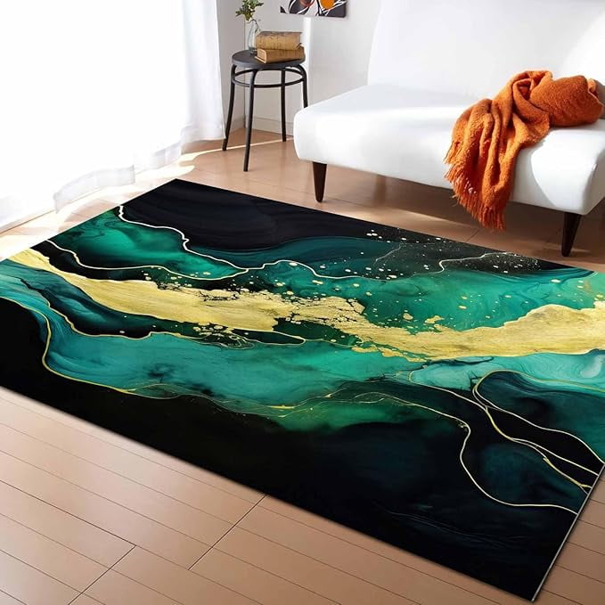 Abstract Streamline Gold Marble Pattern Area Rug, Living Room Rugs ...