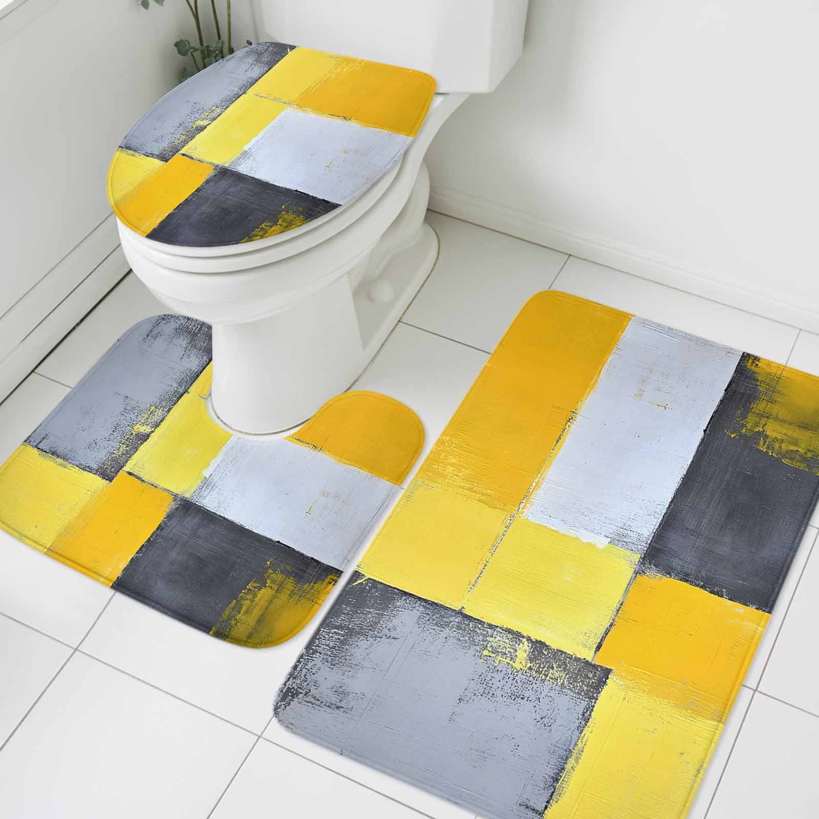 Abstract Street Art Bathroom Rugs Set Yellow Grey Color Stitching Non ...
