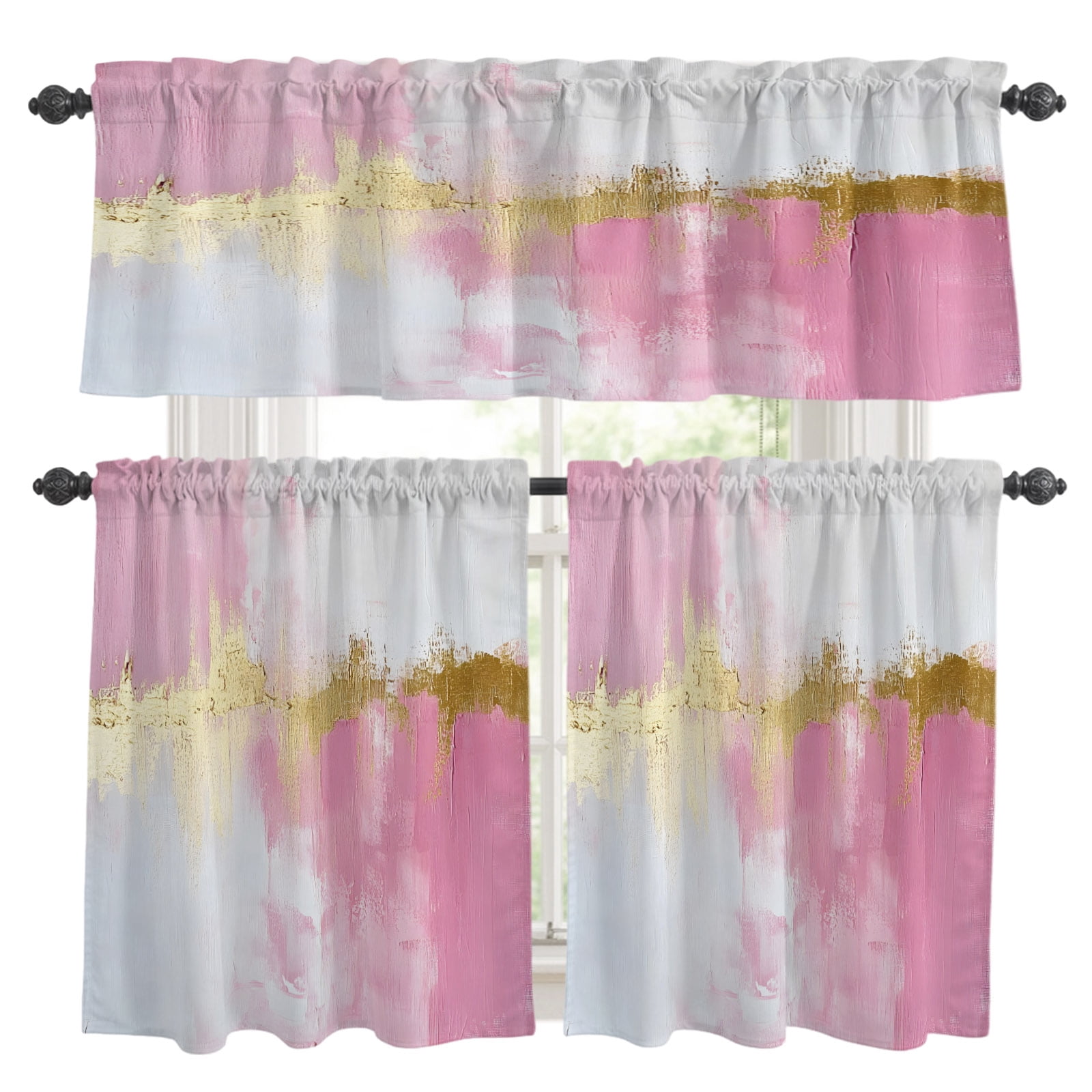 Abstract Street Art Kitchen Curtains Valance and Tier Set Pink Gold ...