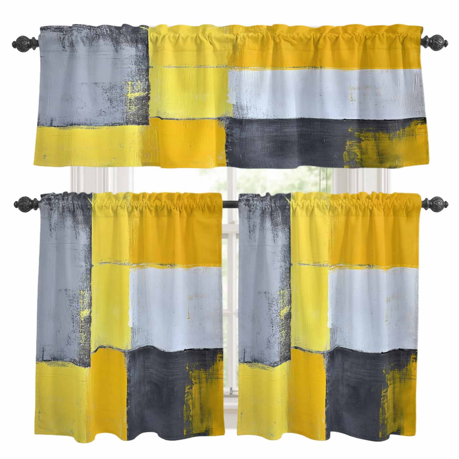 Abstract Street Art Kitchen Curtains Valances and Tiers Set of 3 Yellow ...