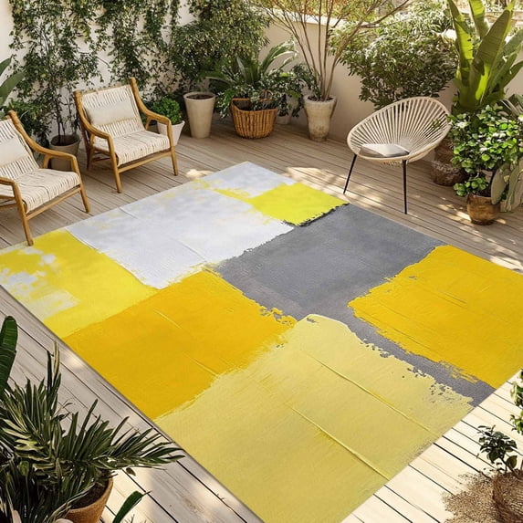 Abstract Street Art Outdoor Rug, Yellow Gary Color Stitching Non-Slip ...