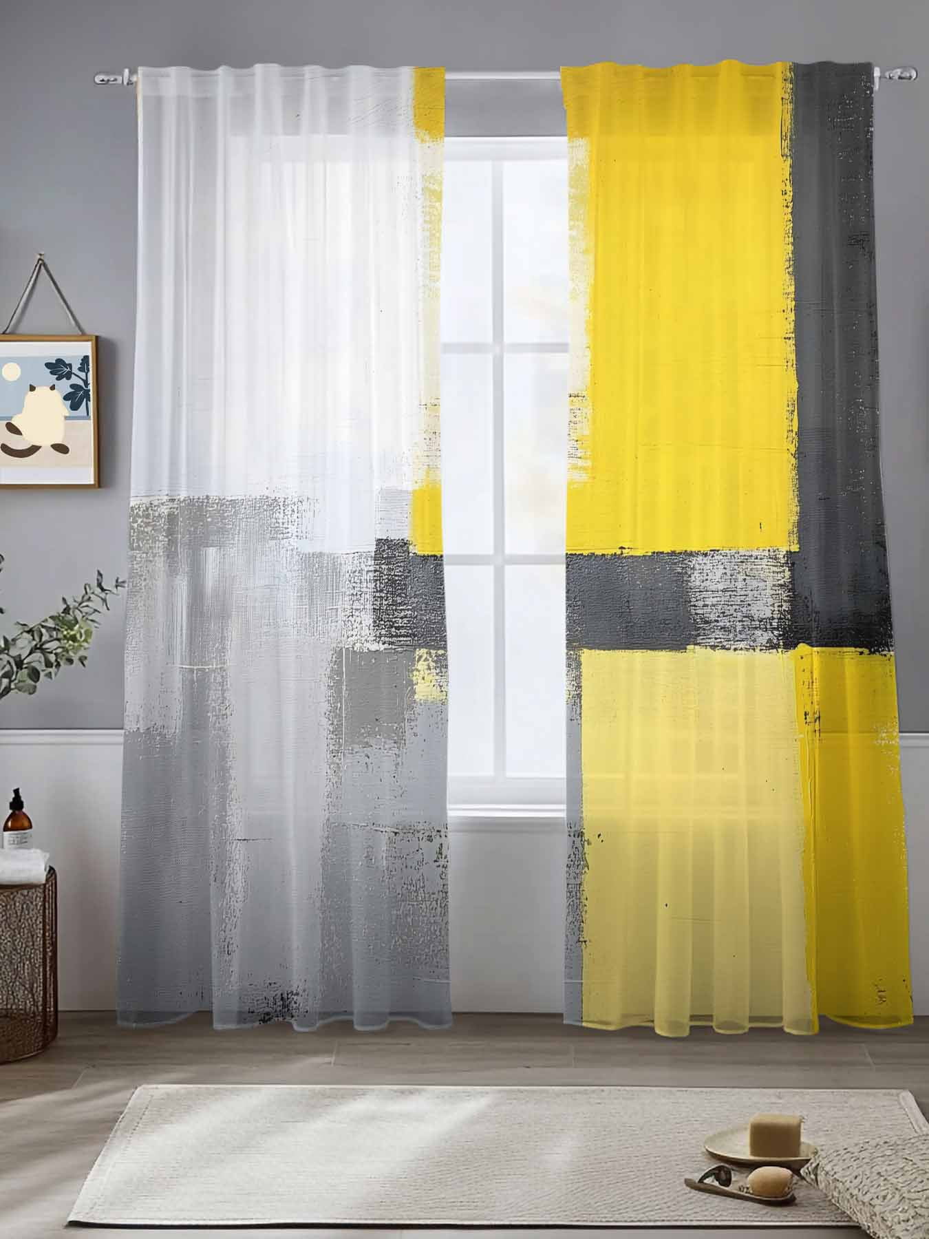 Abstract Street Theme Sheer Curtains 84 Inches Long 2 Panels Grey ...
