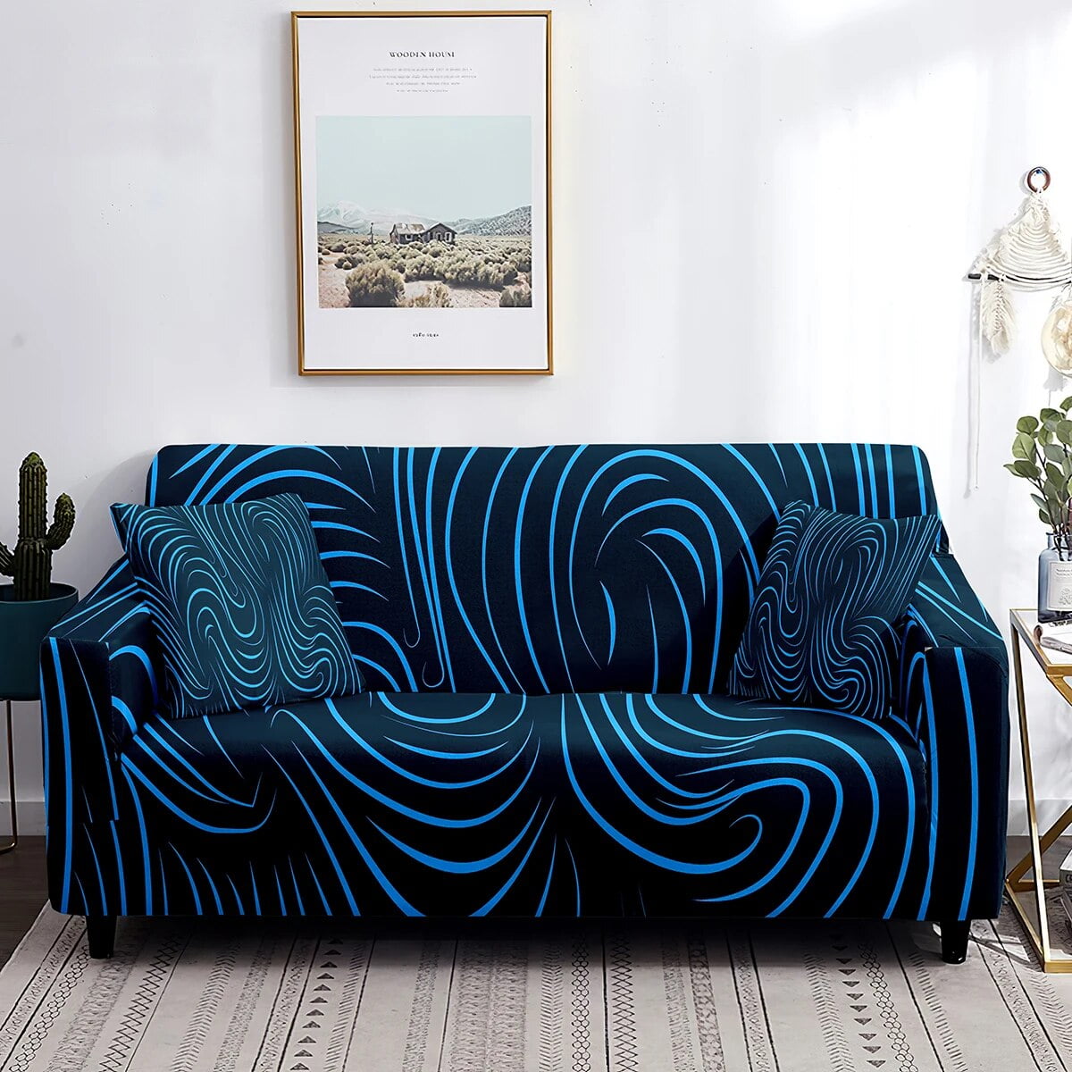 Abstract Stretch Sofa Cover White and Blue Flowing Lines Couch Covers ...