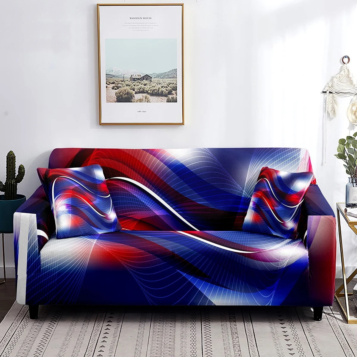 Abstract Stretch Sofa Cover White and Blue Flowing Lines Couch Covers ...