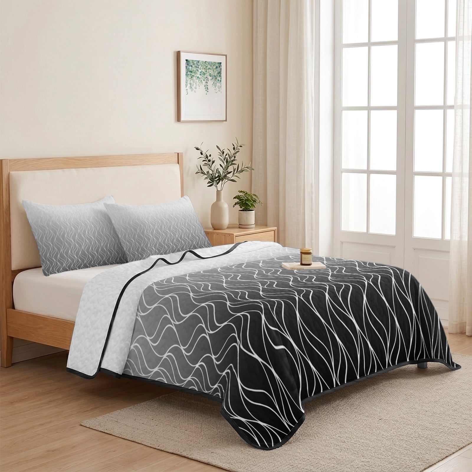 Abstract Stripe Black Gradient 3 Pieces Quilt Set,1 Quilt with 2 Shams ...