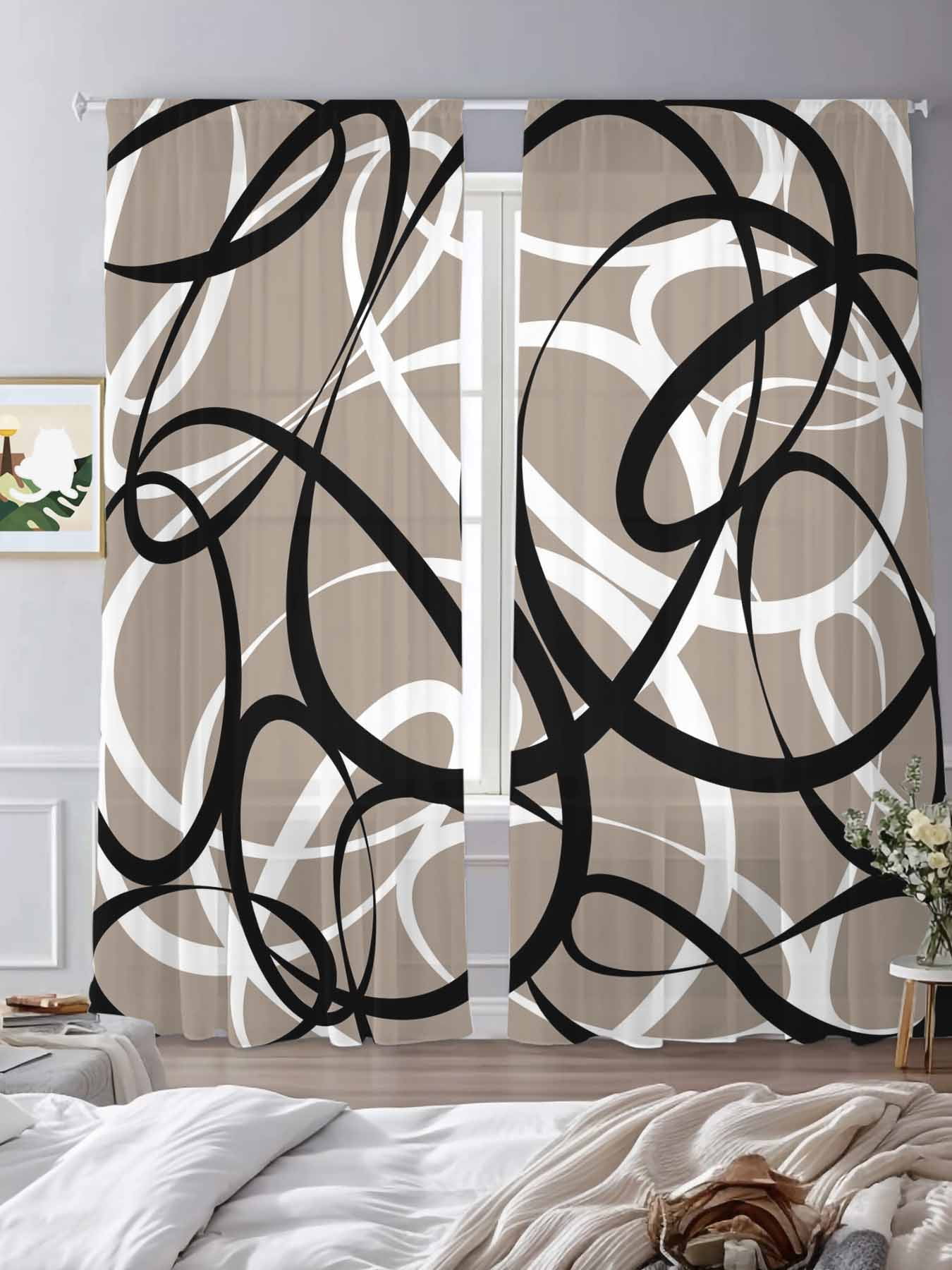 Abstract Stripe Black White on Gray Sheer Curtains 2 Panels Set ...