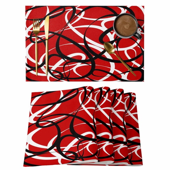 Abstract Stripe Black White on Red Placemats Set of 6,Wipeable Washable ...