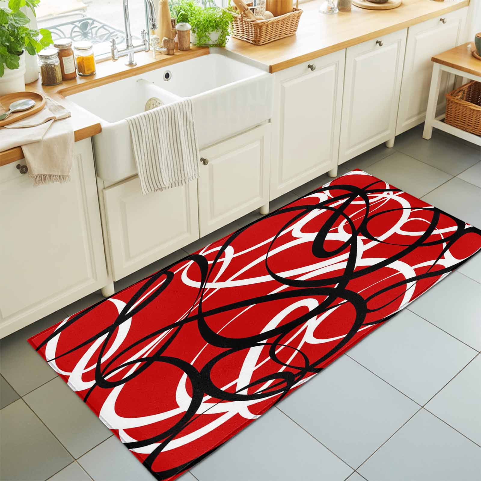 Abstract Stripe Black White on Red Rectangle Area Rug 2x6ft,Living Room ...
