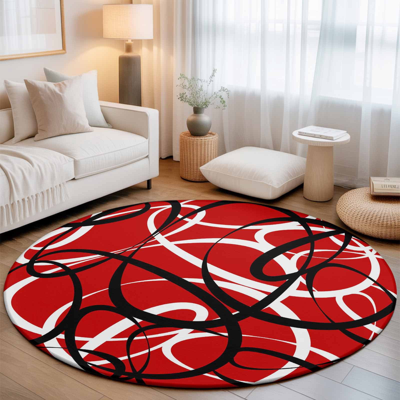 Abstract Stripe Black White on Red Round Rug 5ft Minimalist Geometric ...
