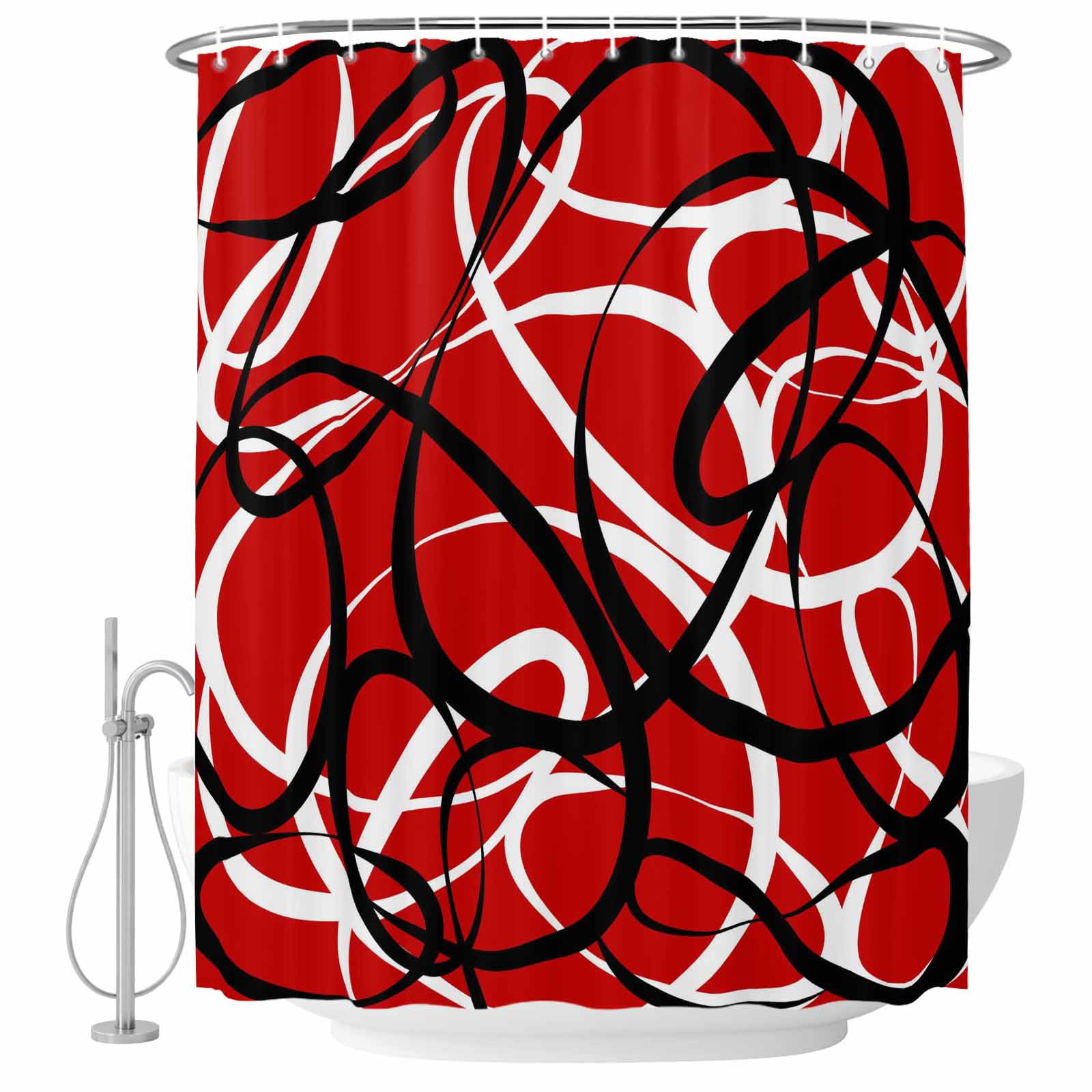 Abstract Stripe Black White on Red Shower Curtain with Rustproof ...