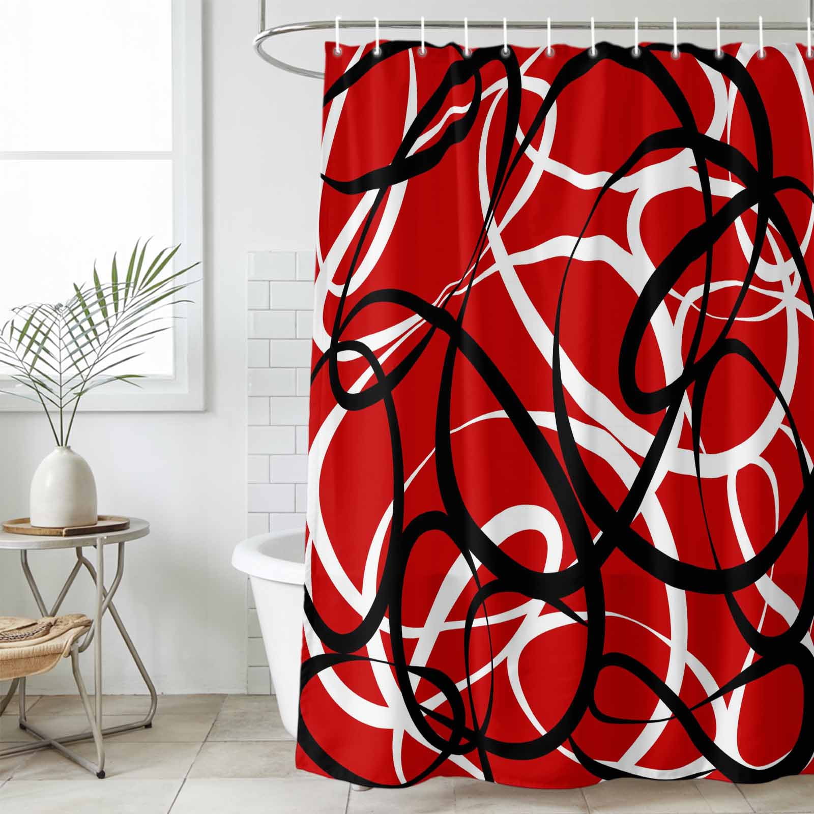 Abstract Stripe Black White on Red Shower Curtain with Rustproof ...