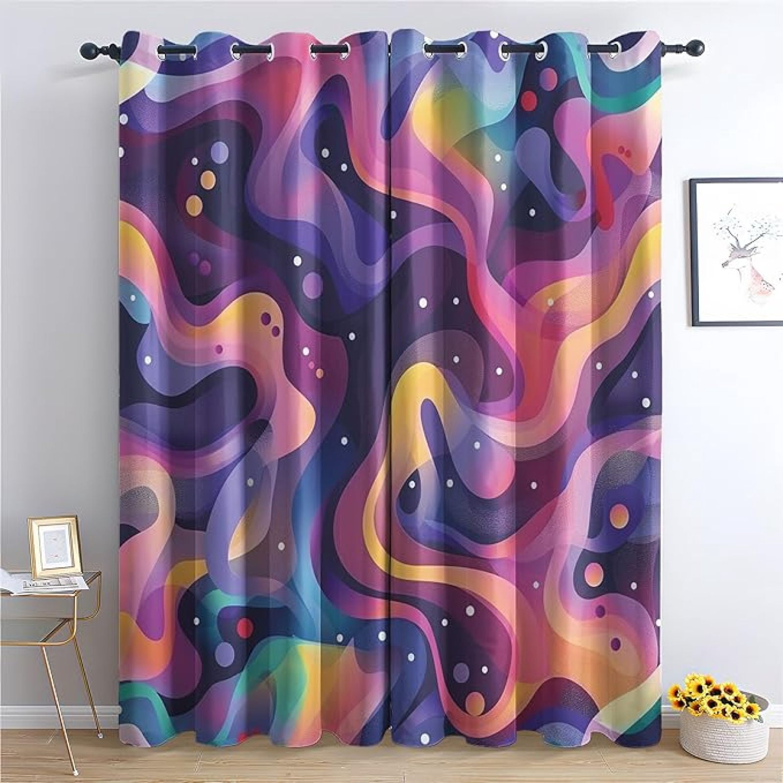 Abstract Stripe Curtains, Colorful Swirl Window Curtains, Rainbow ...