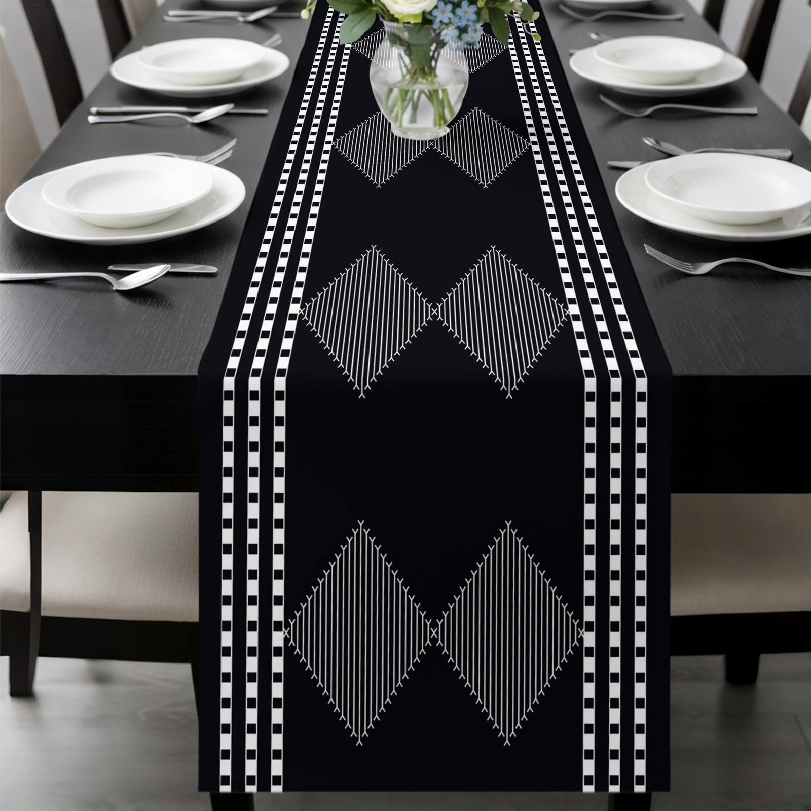 Abstract Stripe Diamond on Black Table Runner 70 Inches Long,Kitchen ...