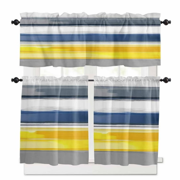 Abstract Stripe Kitchen Curtains Valance and Tier Set Blue Yellow Grey ...