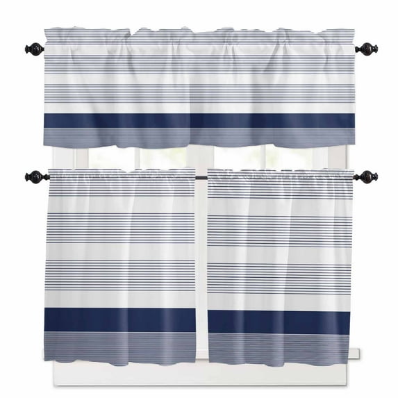 Abstract Stripe Kitchen Curtains Valance and Tier Set Classic Navy Blue ...