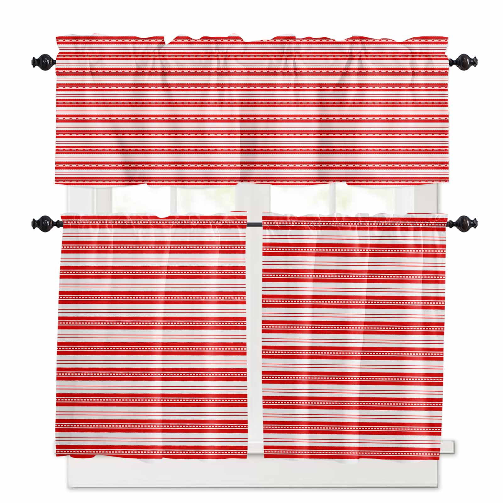Abstract Stripe Kitchen Curtains Valance and Tier Set Classic Red Point ...