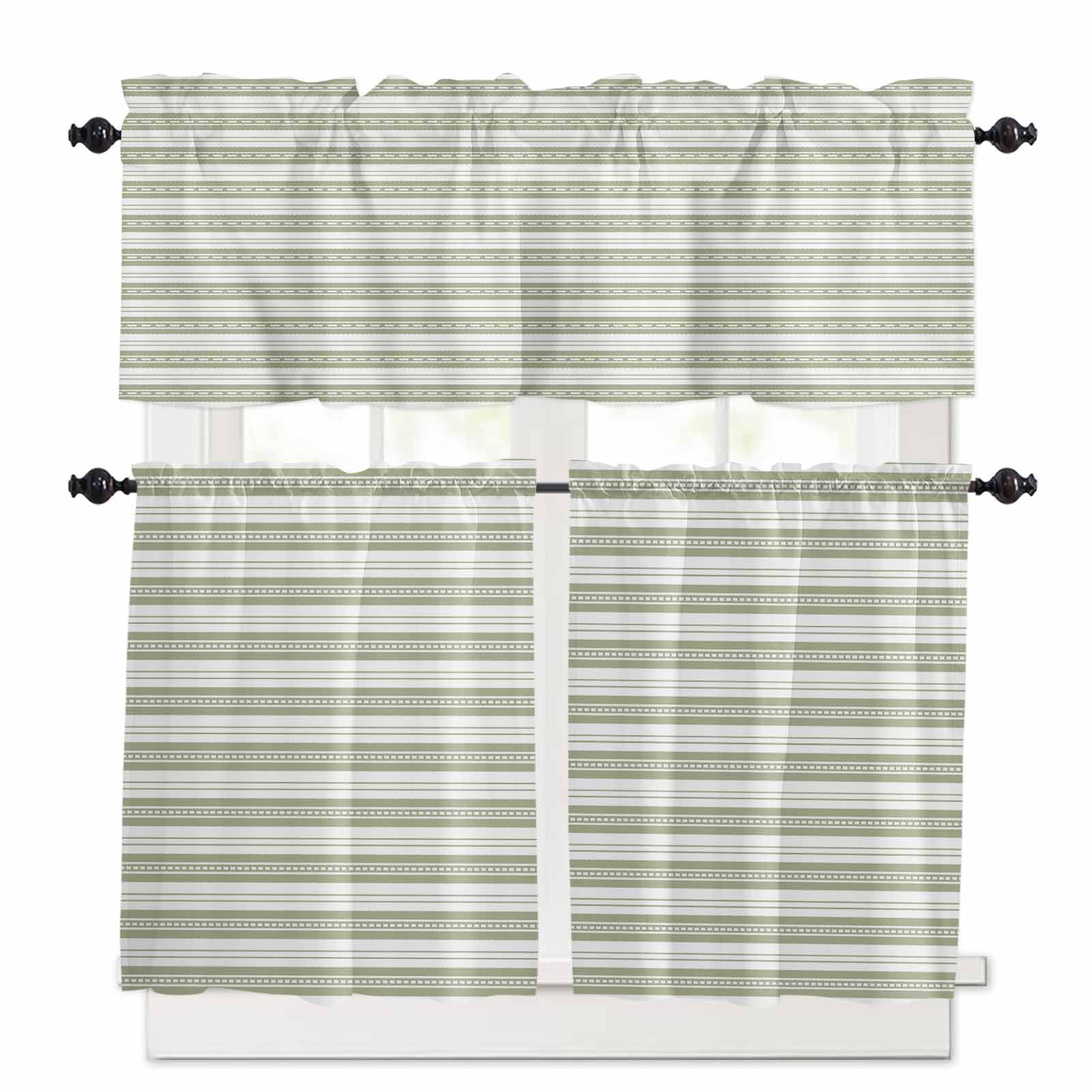 Abstract Stripe Kitchen Curtains Valance and Tier Set Classic Sage ...