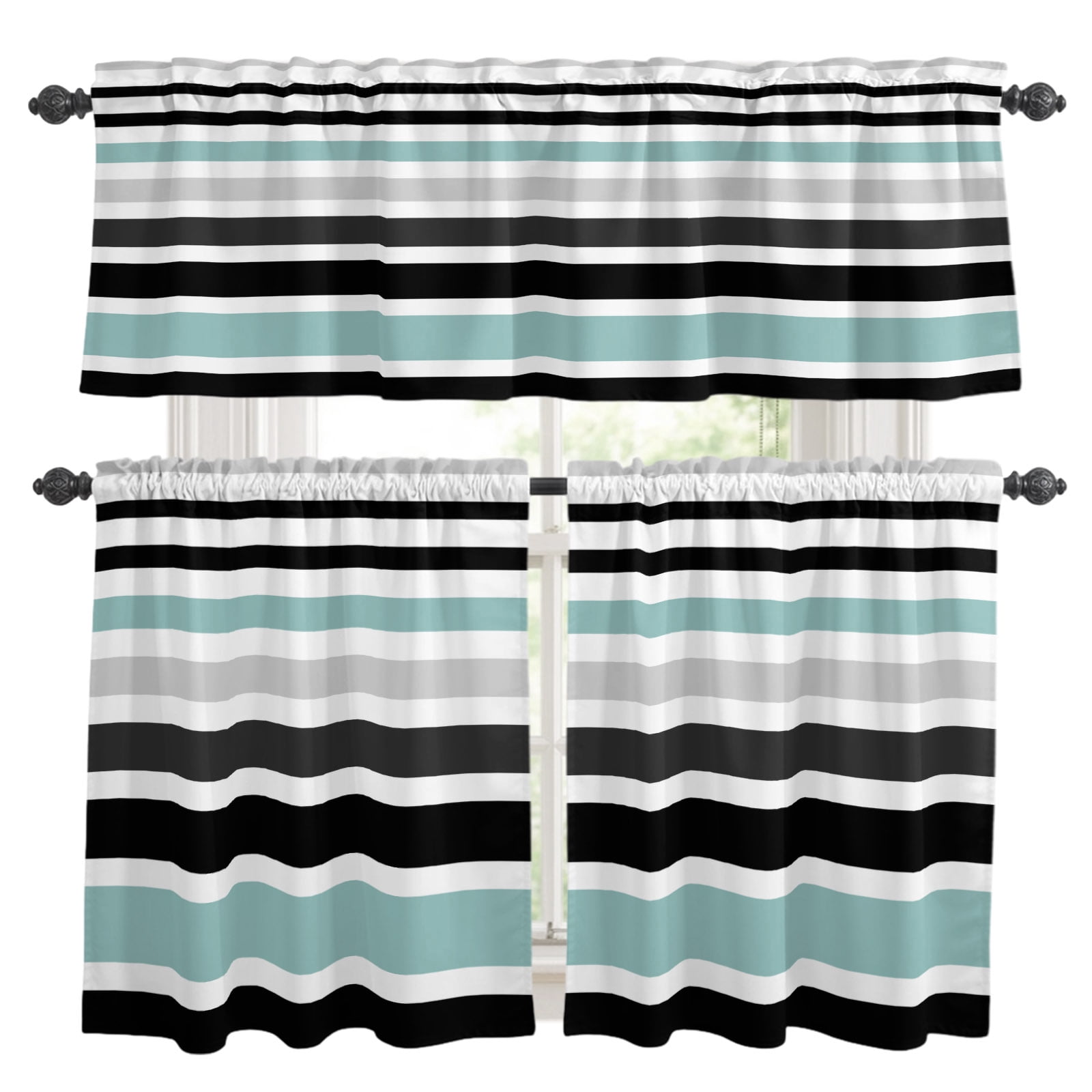 Abstract Stripe Kitchen Curtains and Valances Set, Classic Green Black ...