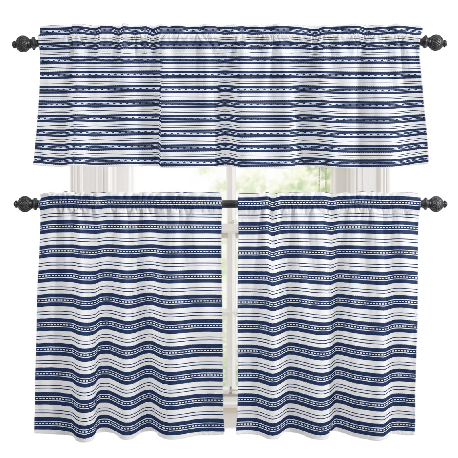 Abstract Stripe Kitchen Curtains and Valances Set, Classic Navy Blue ...