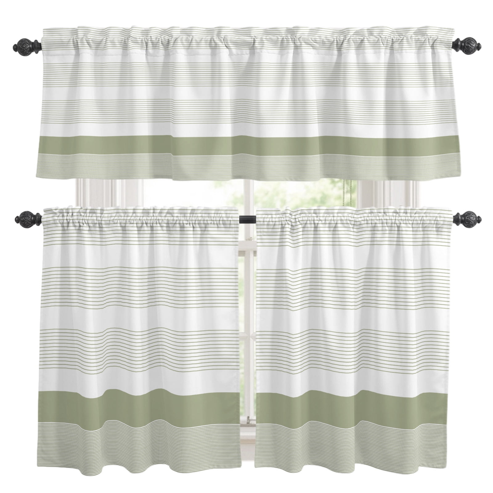 Abstract Stripe Kitchen Curtains and Valances Set, Classic Sage Green ...