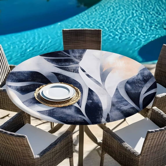 Abstract Stripe Leaves Silhouette Round Fitted Tablecloth with Elastic ...