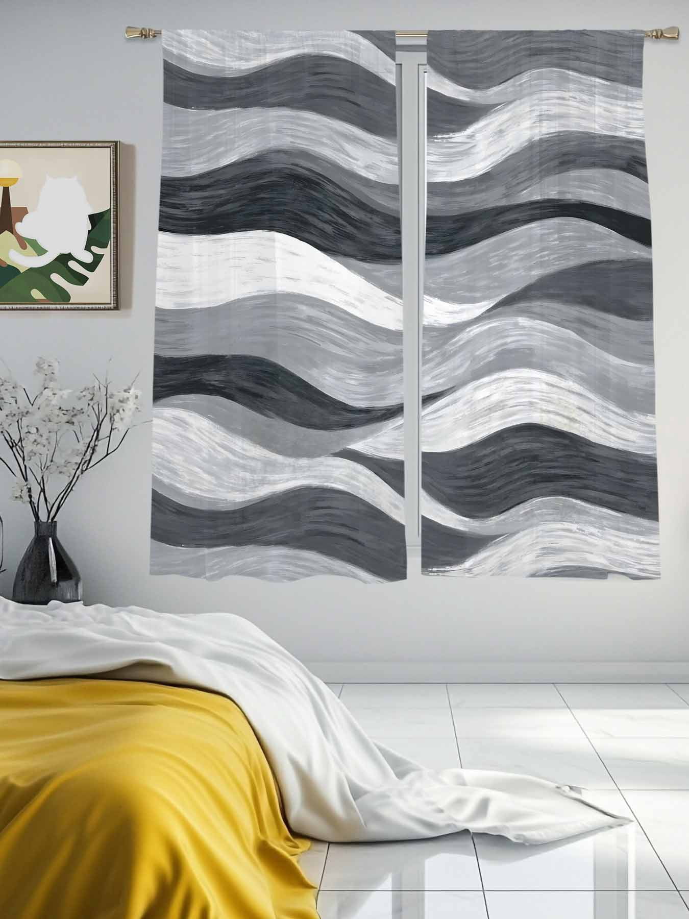 Abstract Stripe Ocean Wave Chiffon Sheer Curtains 63 Inches Long Black ...