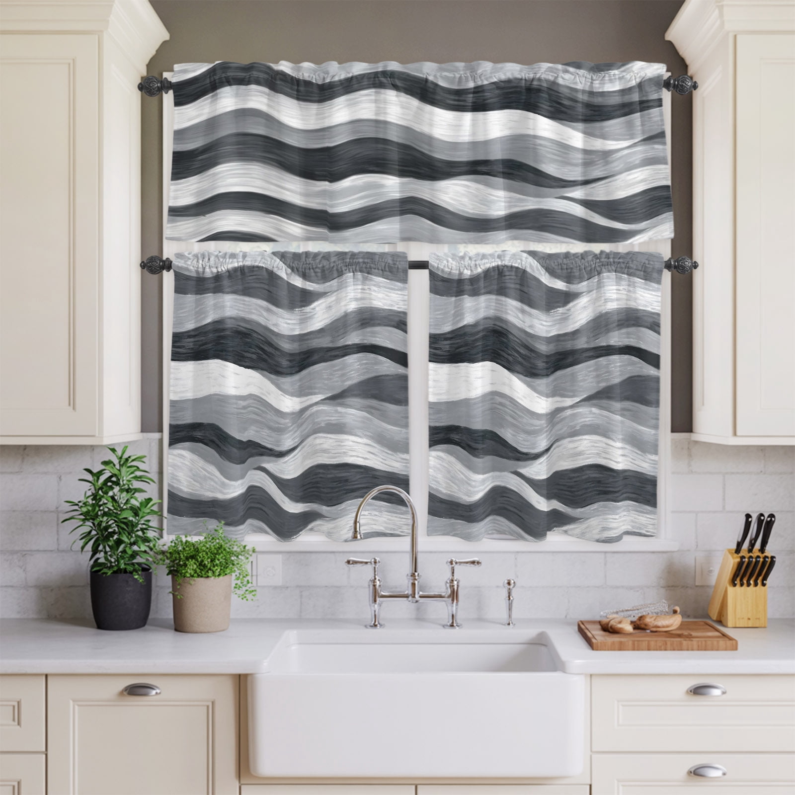 Abstract Stripe Ocean Wave Curtain Tier and Valance Set 3 Piece,Black ...