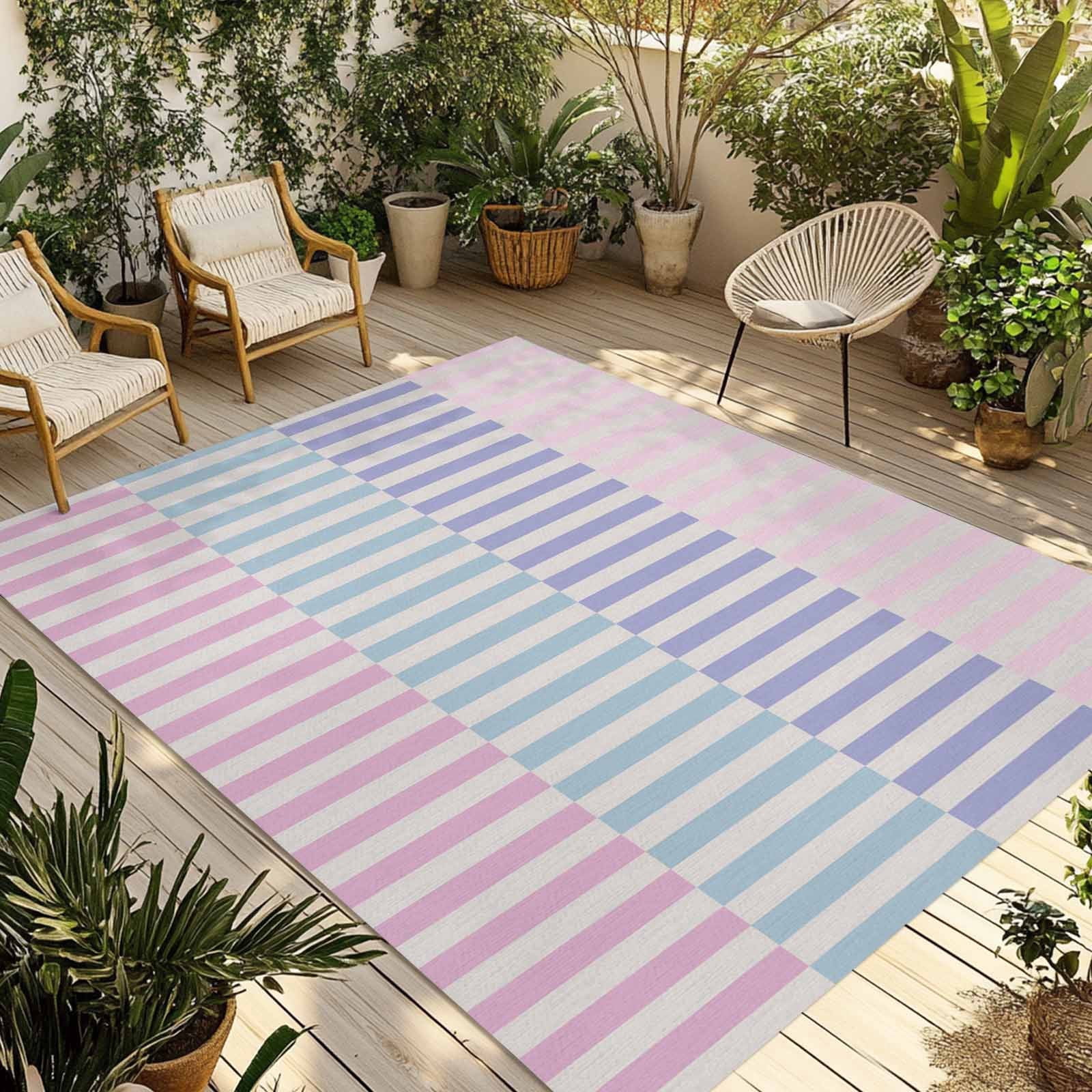 Abstract Stripe Outdoor Rug, Classic Pink Blue Lines Art Non-Slip Area ...