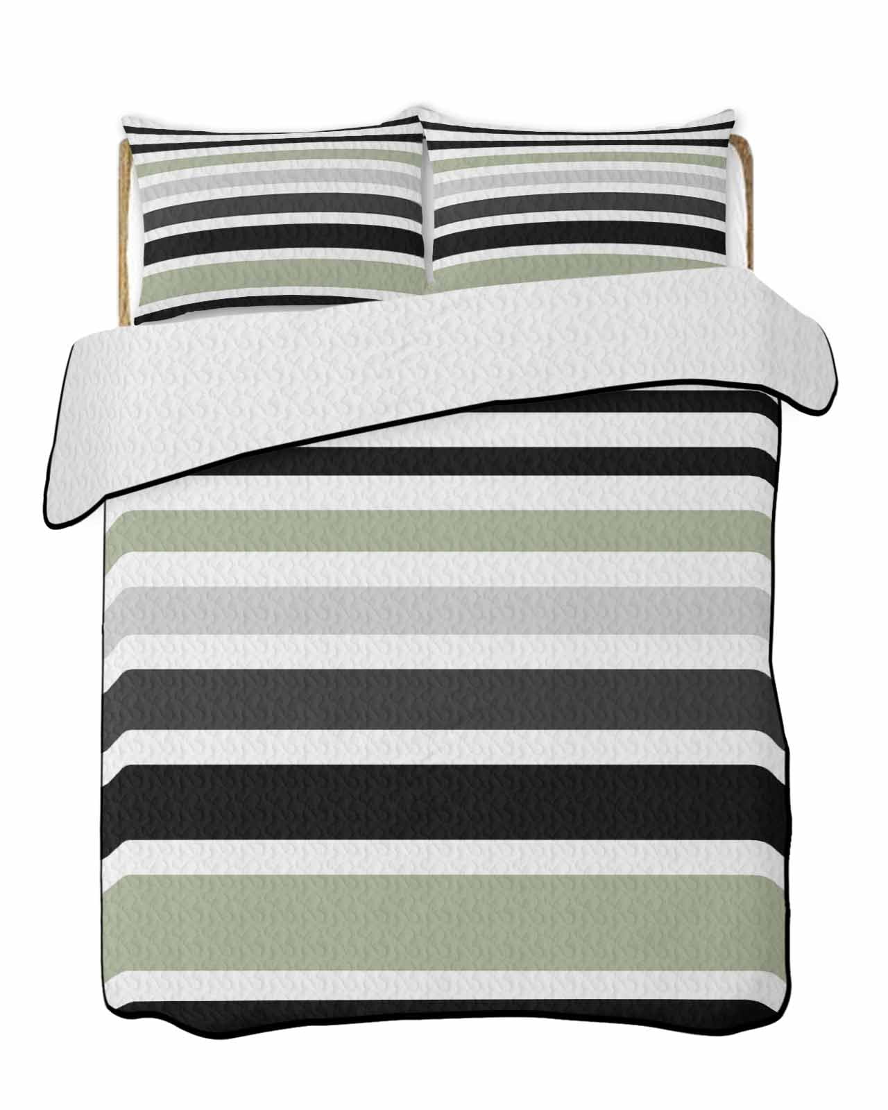 Abstract Stripe Quilts Bedding Set Full Size Classic Sage Green Black ...