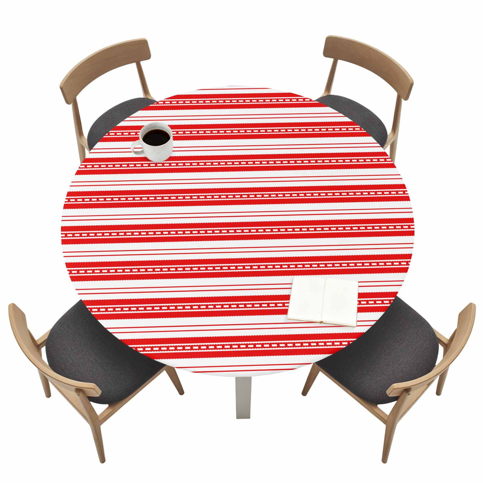 Abstract Stripe Round Fitted Tablecloth with Elastic Edge Classic Red ...