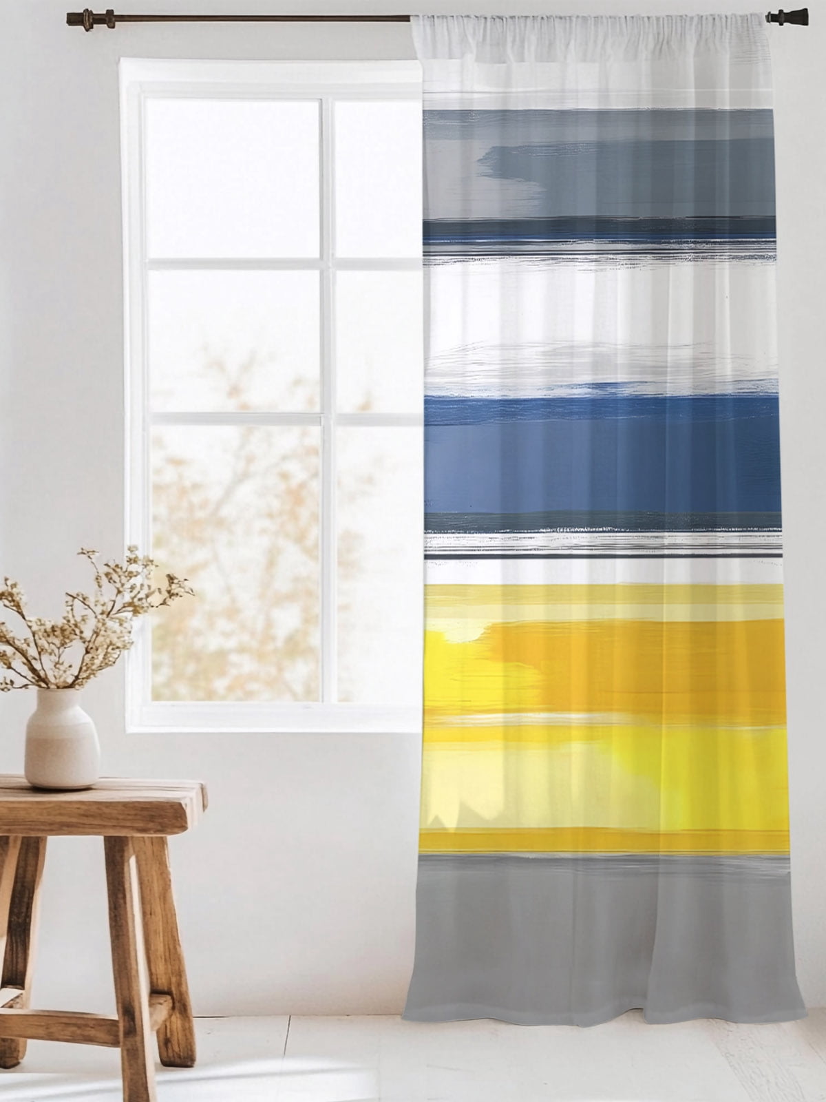 Abstract Stripe Sheer Curtains 108 Inch Long 1 Panel Blue Yellow Grey ...