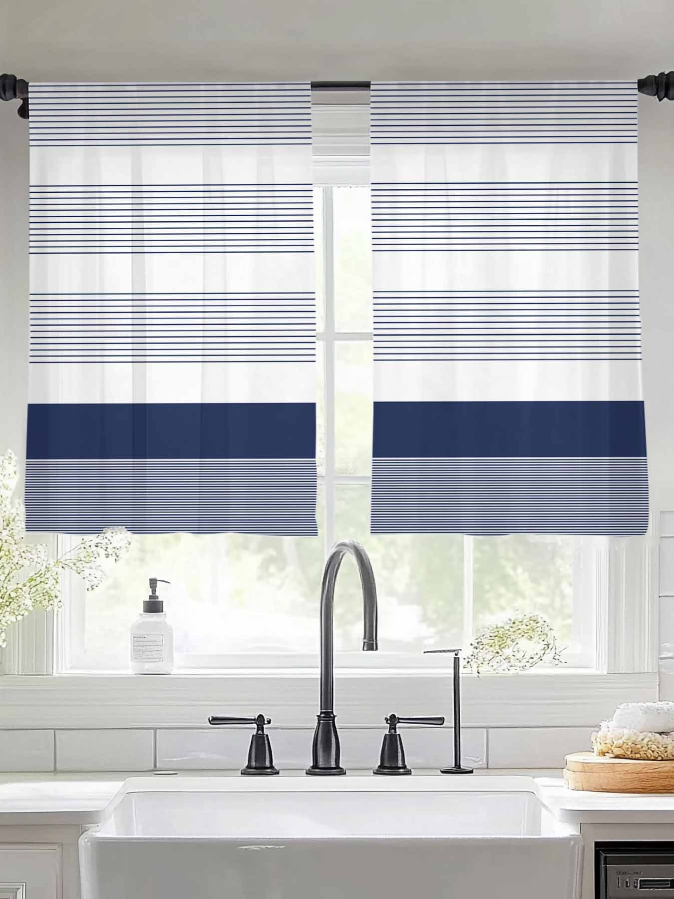 Abstract Stripe Sheer Curtains 45 Inches Long 2 Panels Classic Navy ...