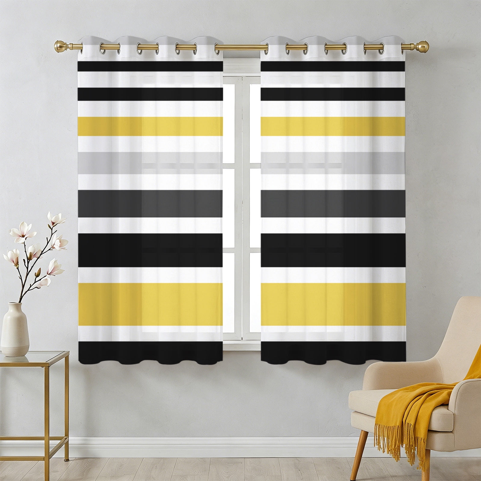 Abstract Stripe Sheer Curtains 54 Inch Long 2 Panels, Classic Yellow ...