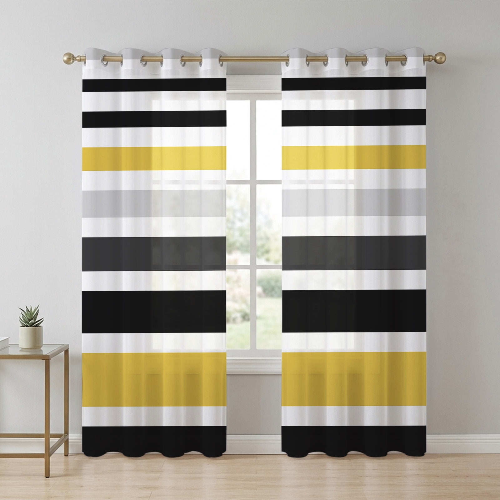 Abstract Stripe Sheer Curtains 63 Inch Long 2 Panels, Classic Yellow ...