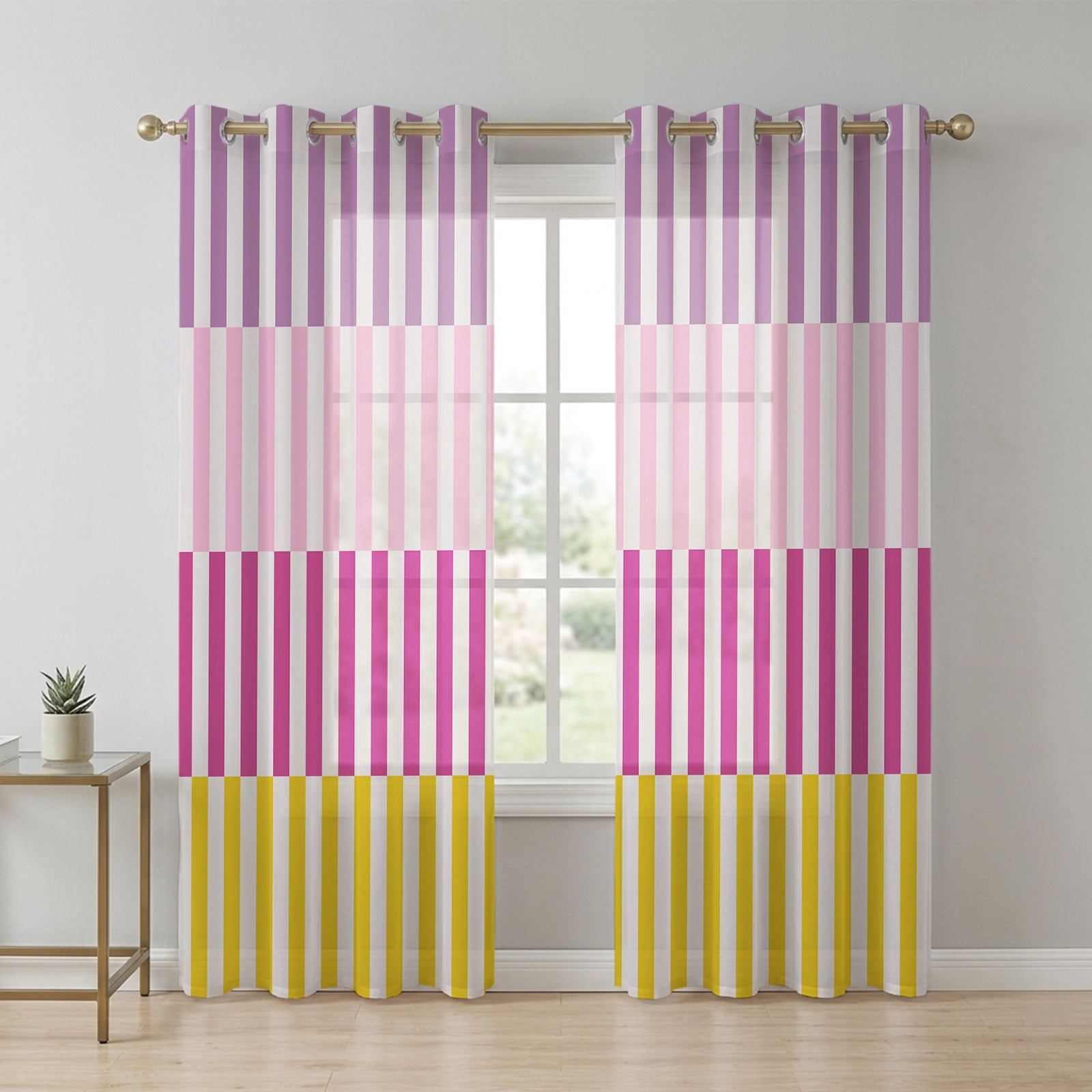 Abstract Stripe Sheer Curtains 84 Inch Long 2 Panels, Classic Pink ...