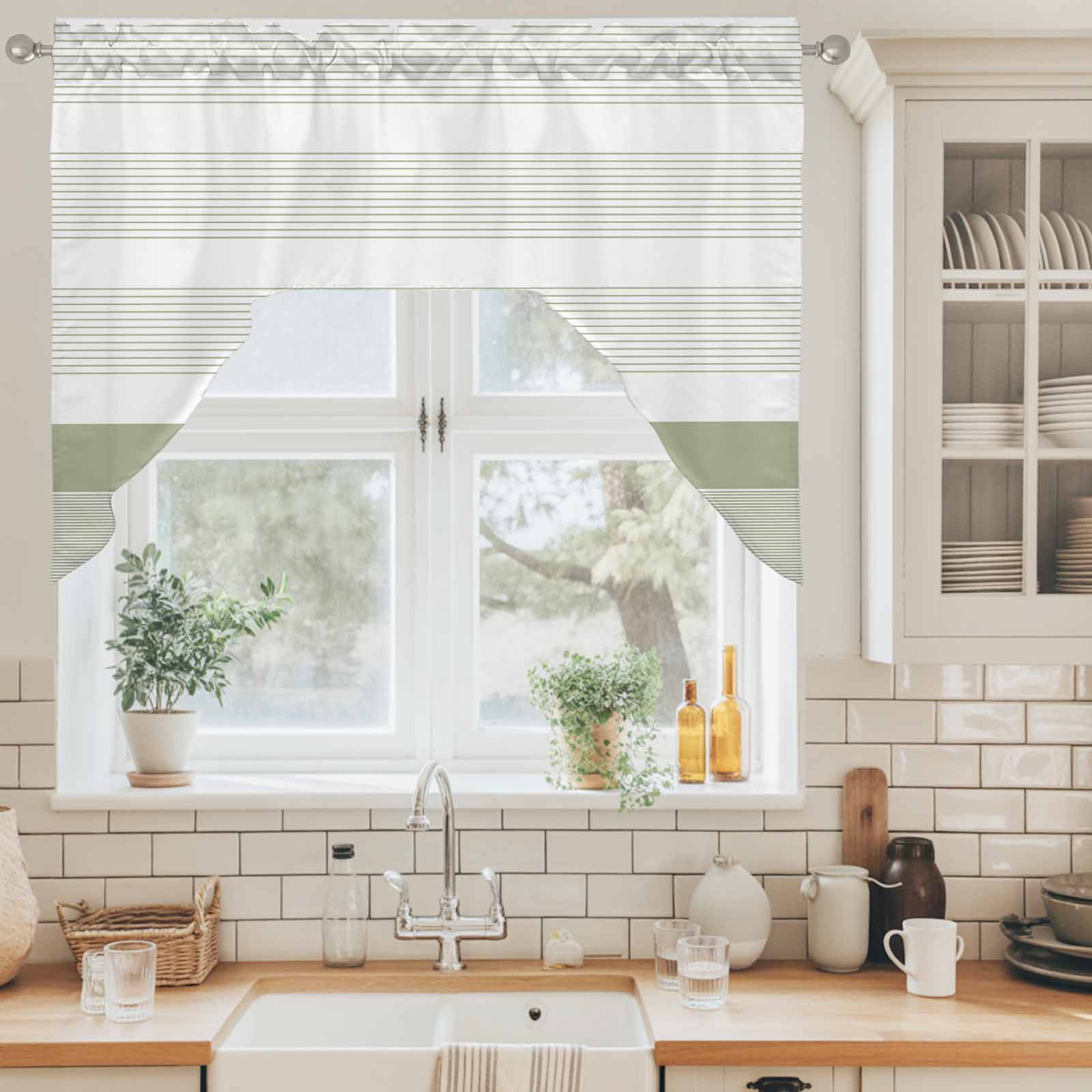 Abstract Stripe Swag Curtain Valance for Windows, Classic Sage Green ...