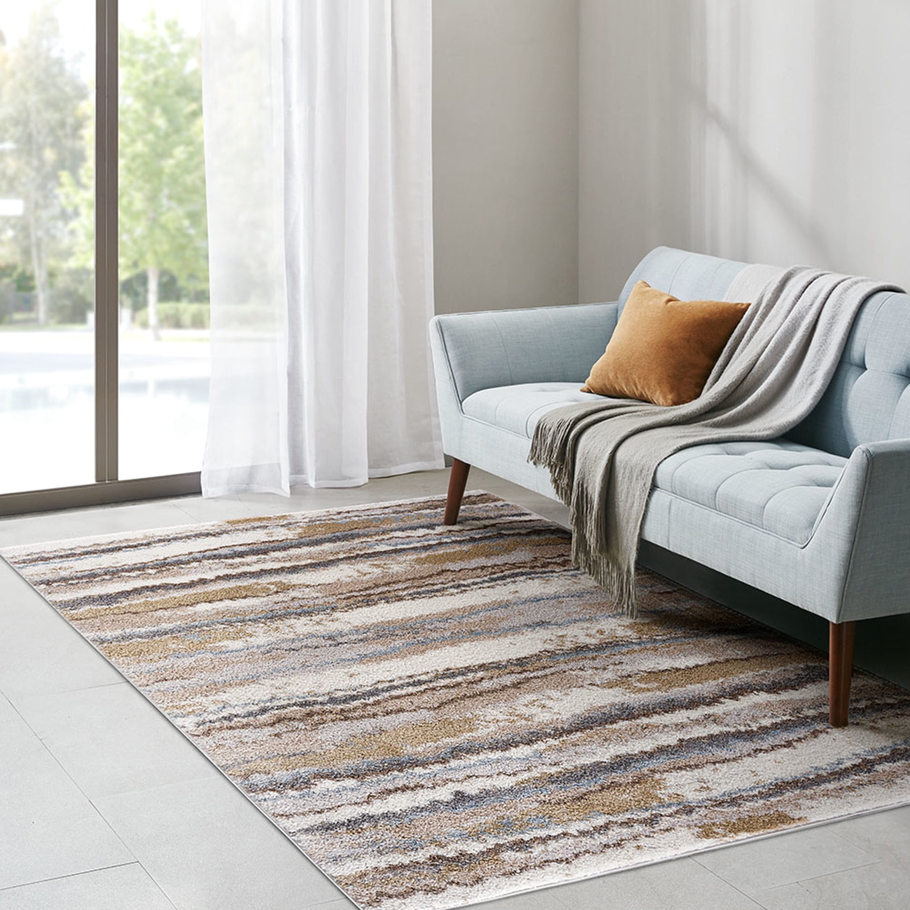 Abstract Stripe Watercolor Rug, Blue & Tan Splendor, Machine Woven ...