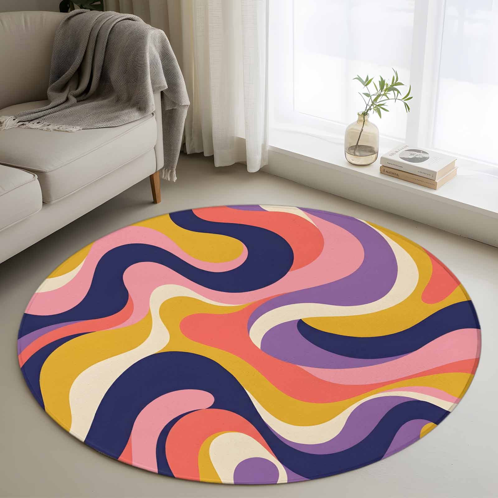 Abstract Striped 3FT Round Area Rug Purple Yellow Pink Orange Wave ...