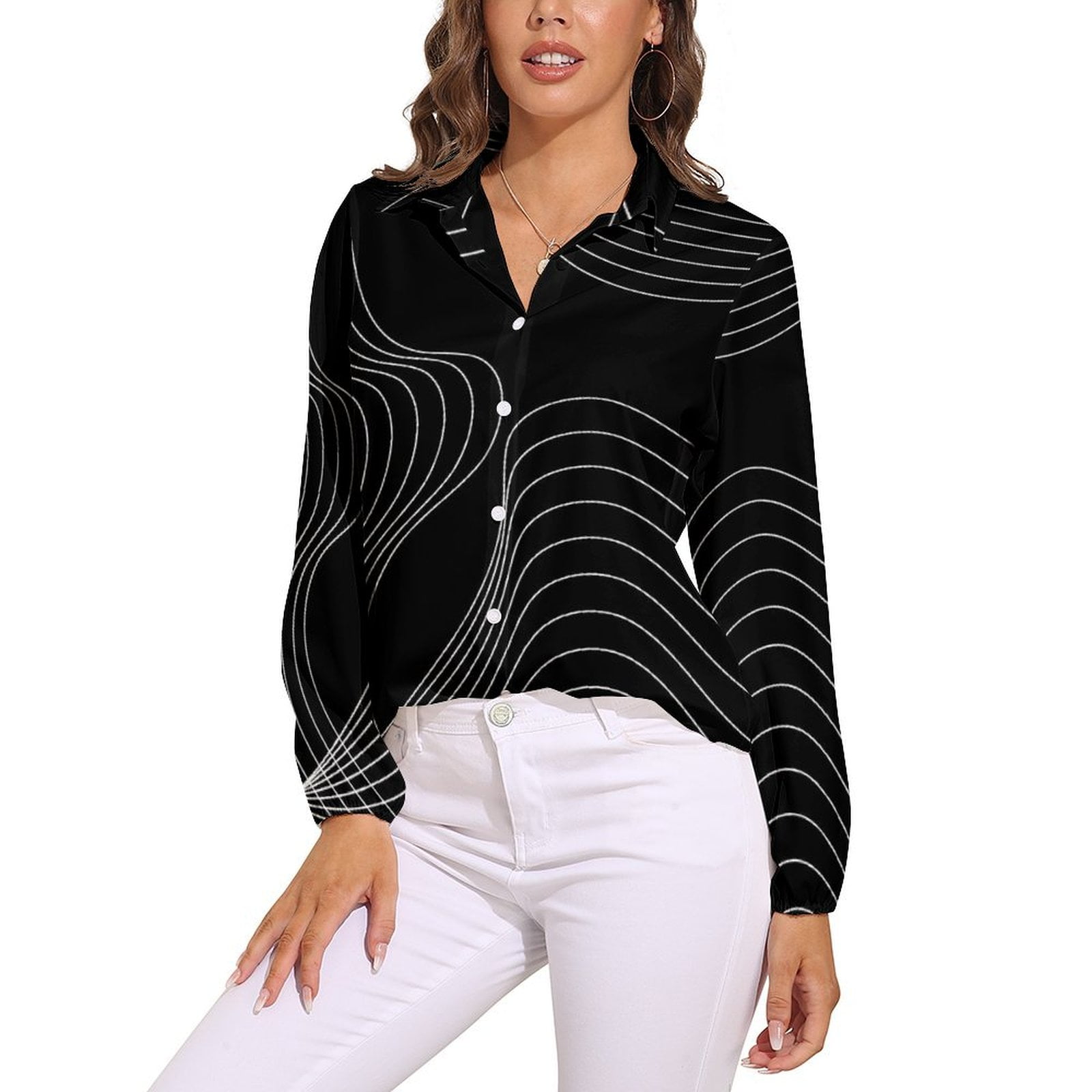 Abstract Striped Blouse Female Triangle Lines Print Street Style Loose ...