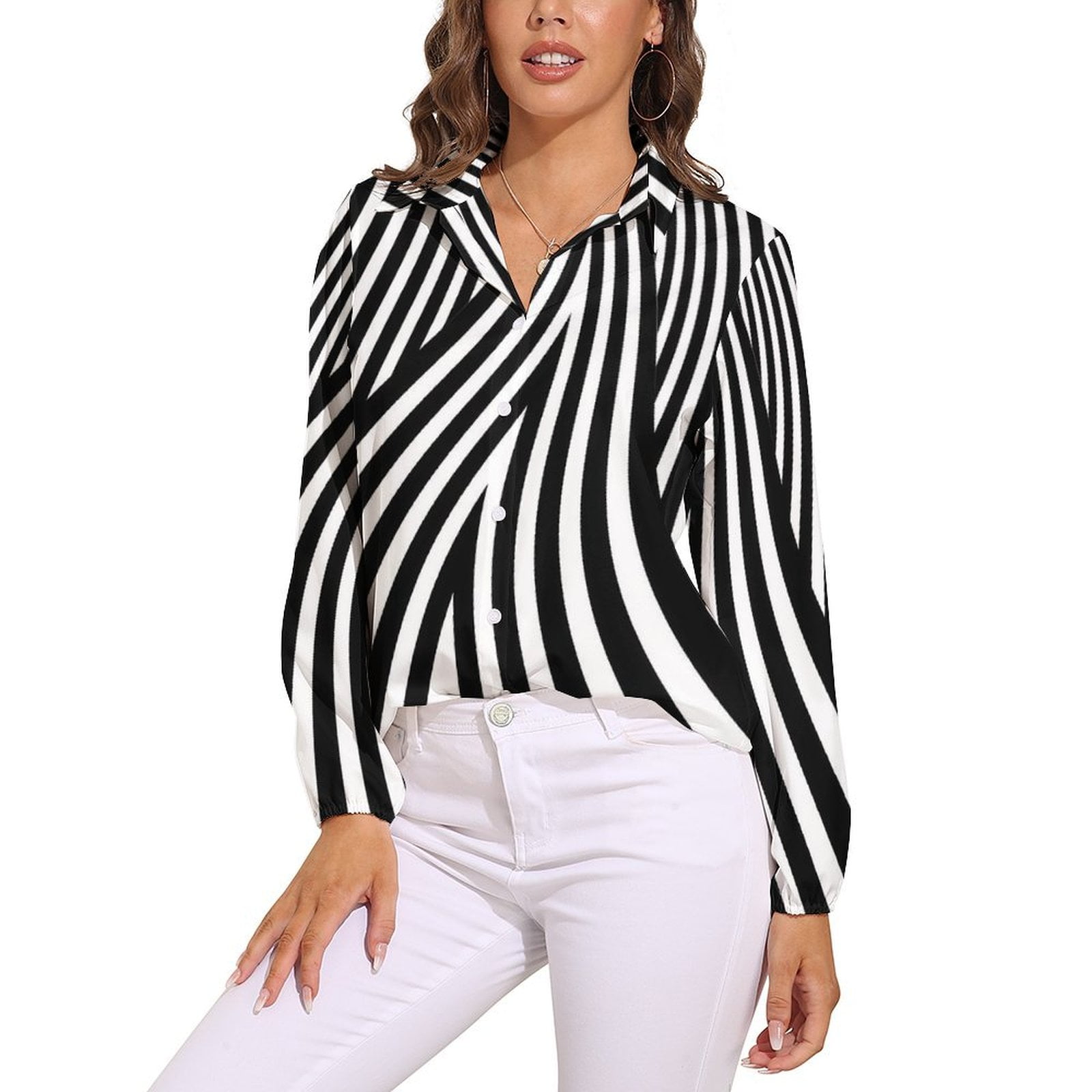 Abstract Striped Blouse Female Triangle Lines Print Street Style Loose ...