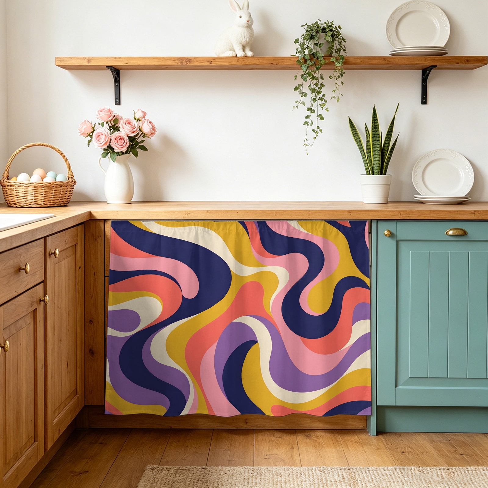 Abstract Striped Cabinet Curtains 11" W x 13" L, Purple Yellow Pink ...