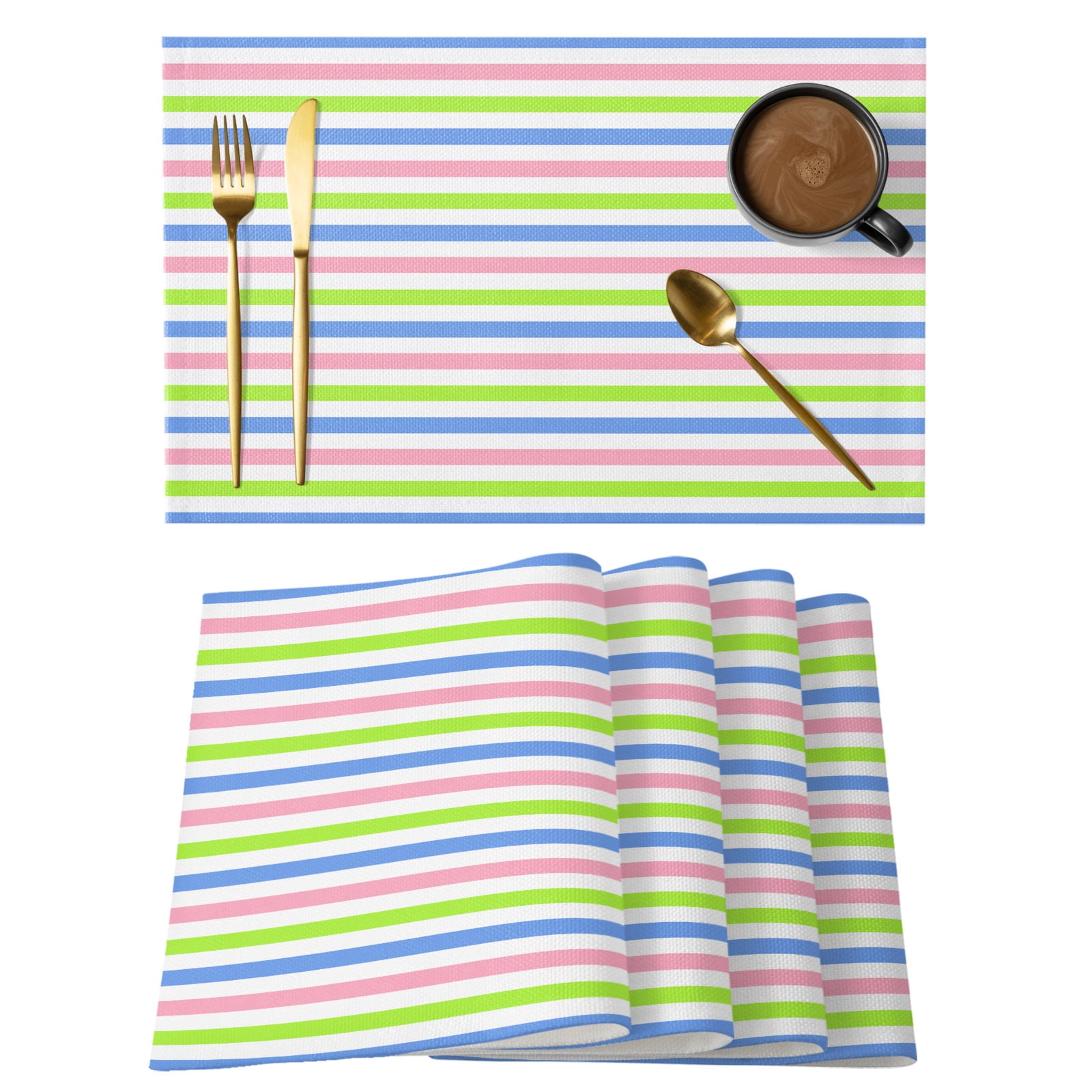 Abstract Striped Cotton Linen Placemats Set of 12, White Blue Green ...