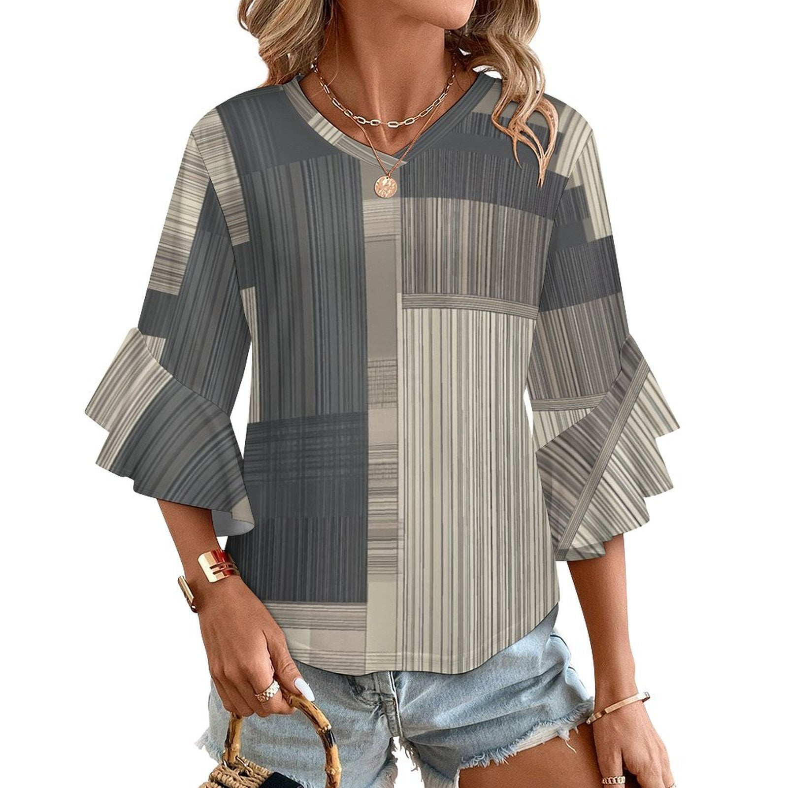 Abstract Striped Geometric Design Women's V-Neck Blouse With 3/4 ...