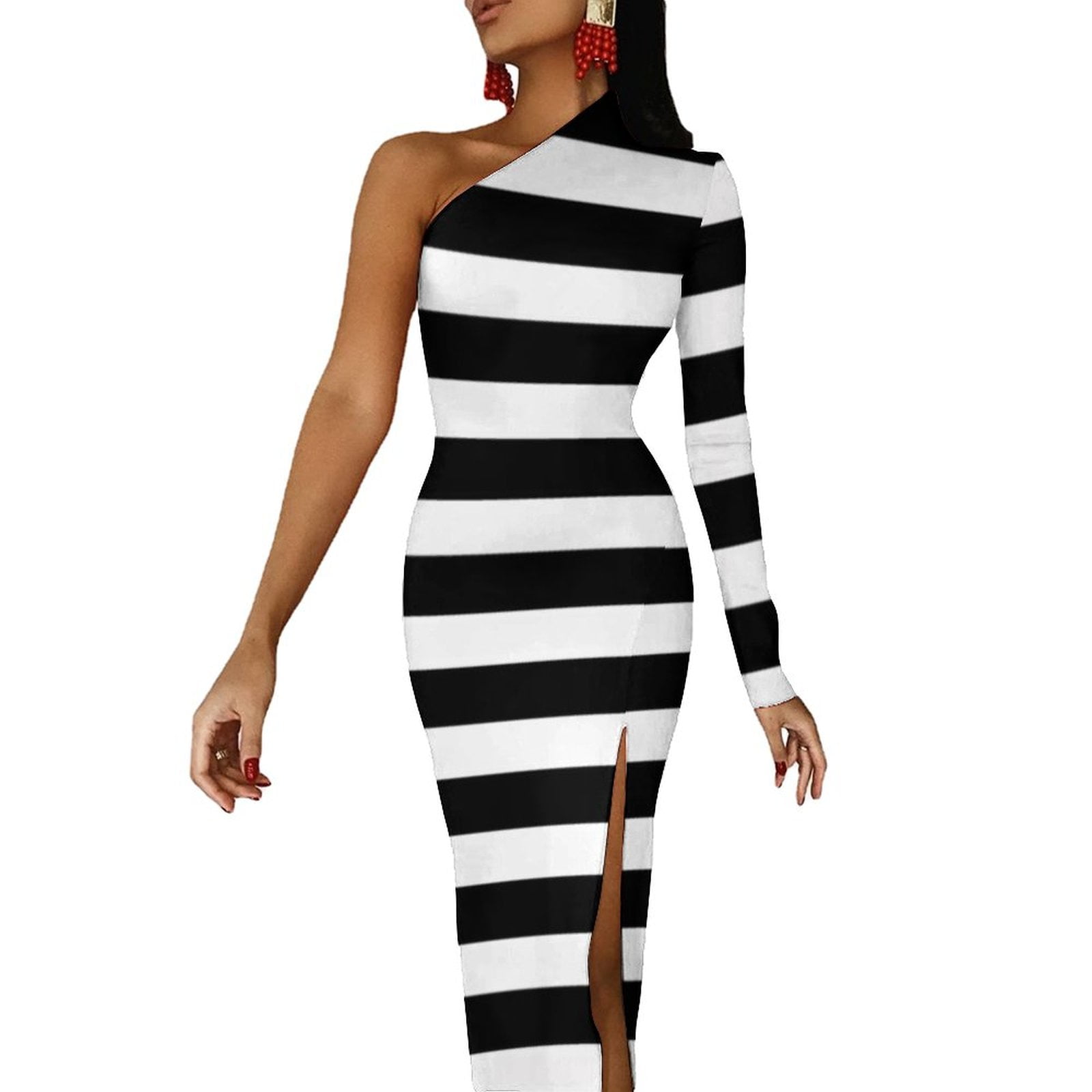 Abstract Striped Long Dress Women Black And White Geometric Aesthetic ...